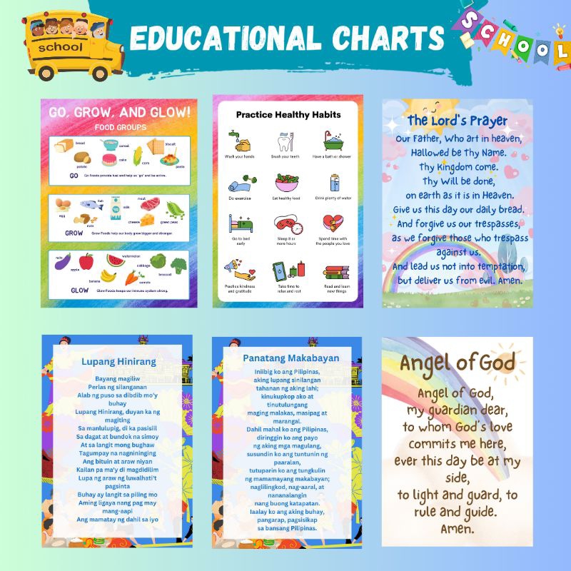 Laminated chart for kid's learning (health, prayers, lupang hinirang ...