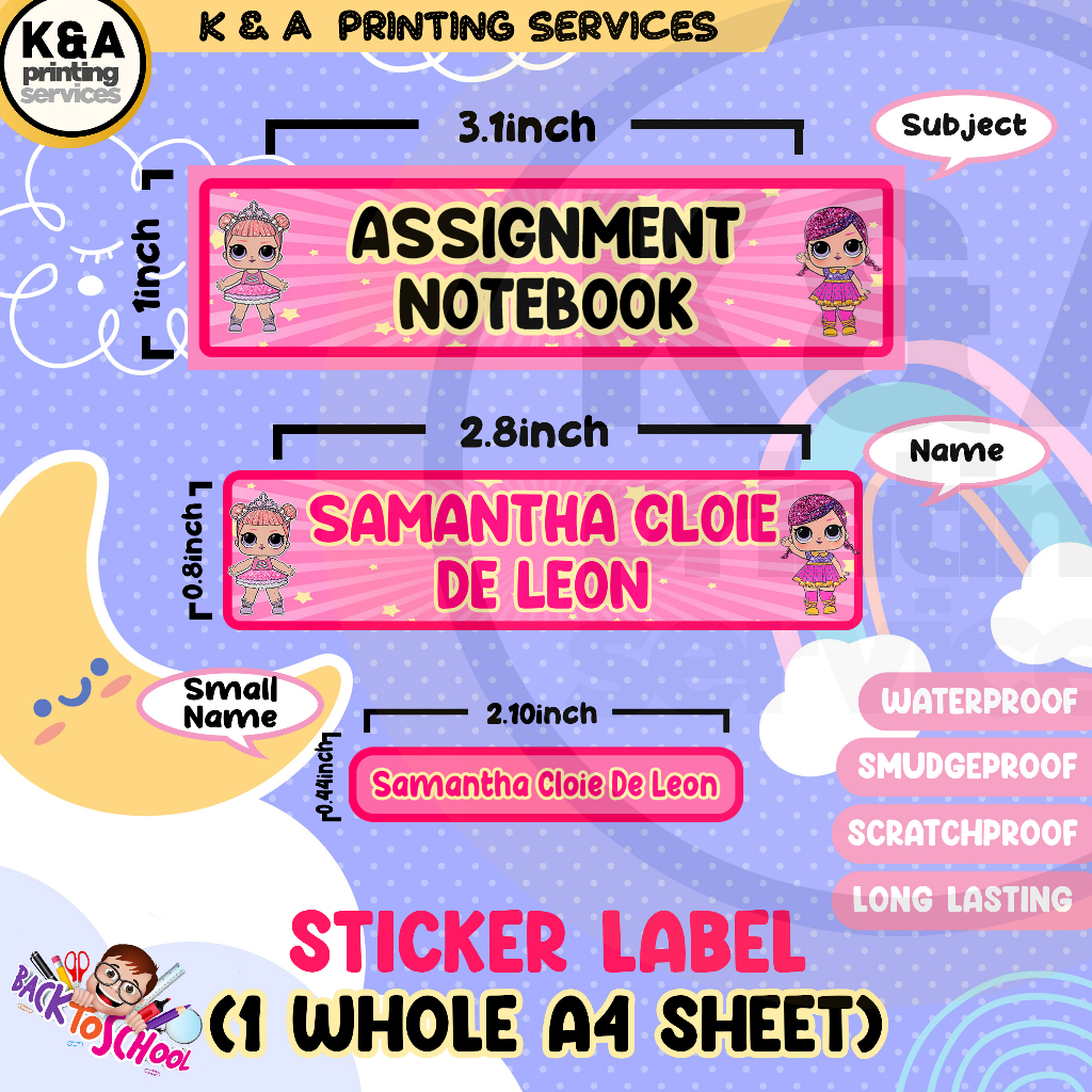 Customized Sticker Label for Names & Subject (A4 size Whole Page ...
