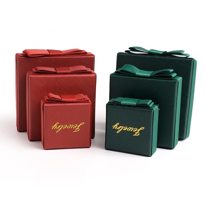 Red or Green Jewelry Set Box with Gold Jewelry Text and Ribbon (7.5*7.5 ...