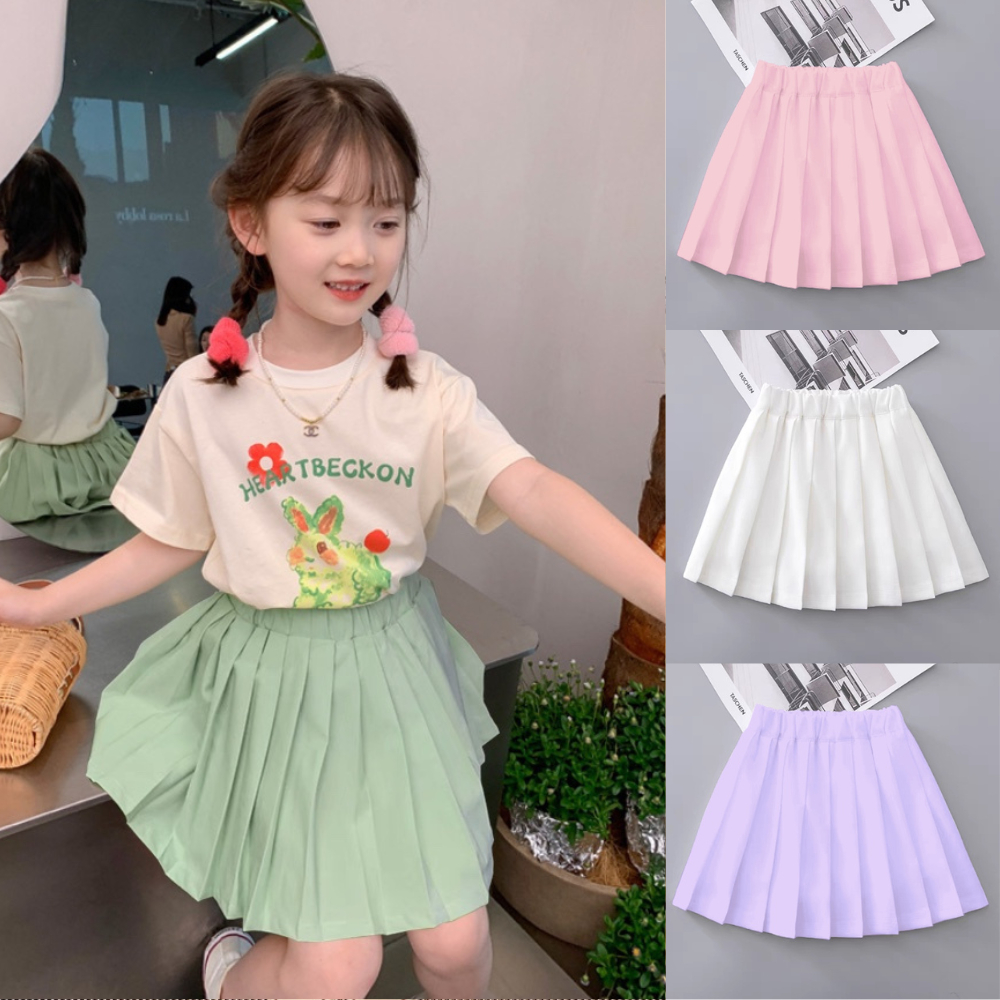 Pleated White Skirt Korean Style High Waist Plain Pink Purple Casual Mini Skirt for Kids Girls ...