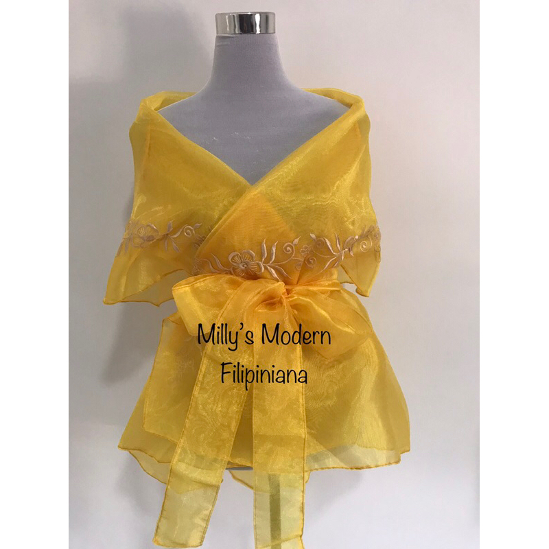 Modern Filipiniana wrap around panuelo alampay / Yellow Gold embroidery ...