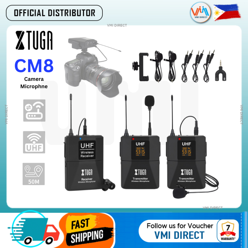 XTUGA CM7/8 UHF Wireless Lavalier Camera Microphone w/ Audio Monitor ...