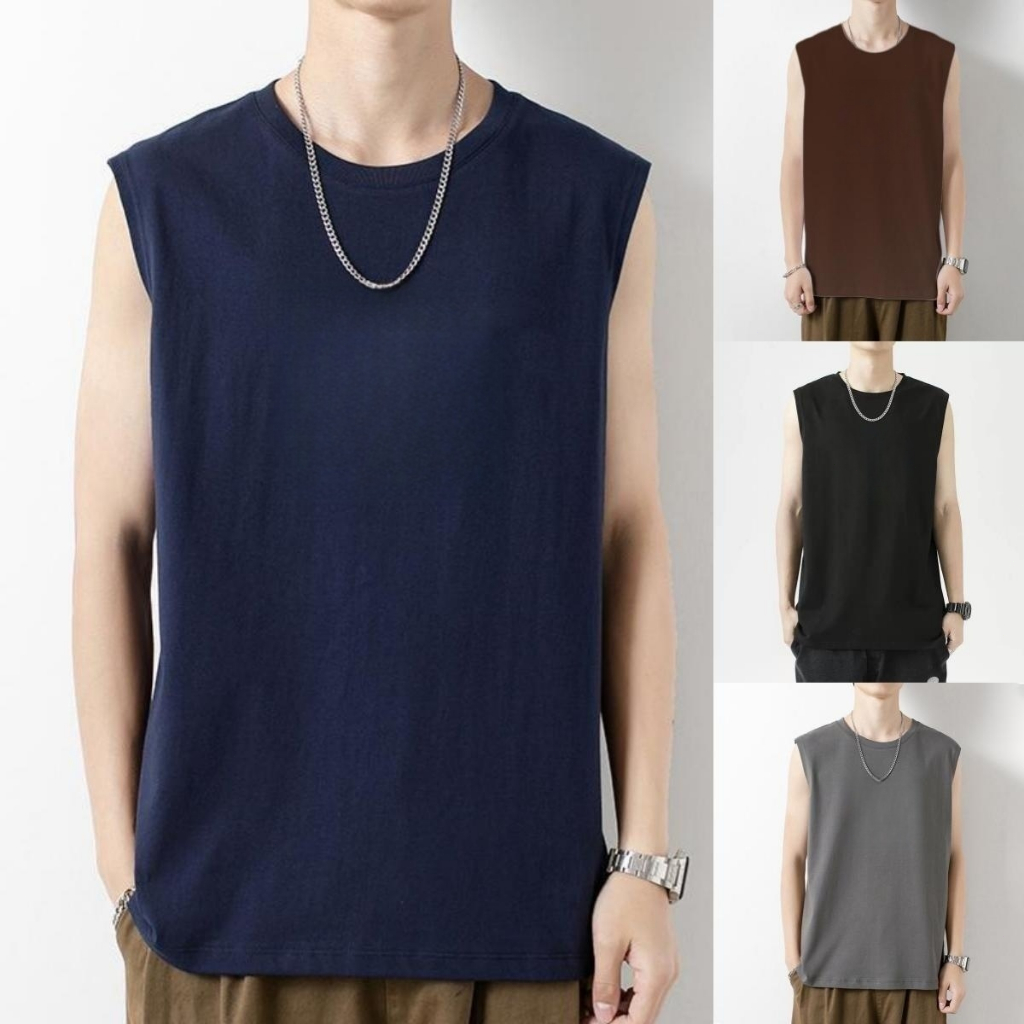Fashion Simple Plain Muscle Tees Sando for Men Cotton Sleeveless 100 ...