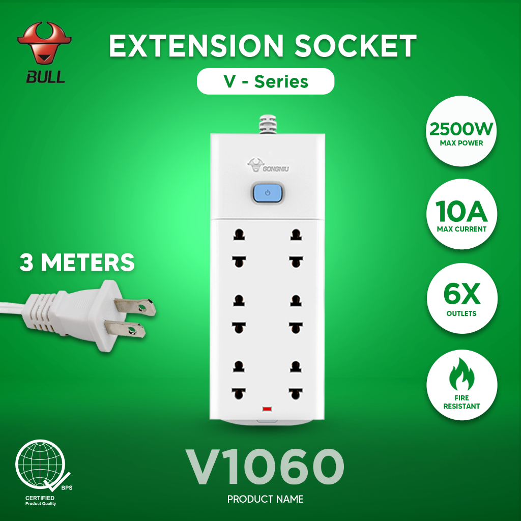 Bull Extension Socket V Series V1060 150cm & 350cm Cable 6 Outlets ...