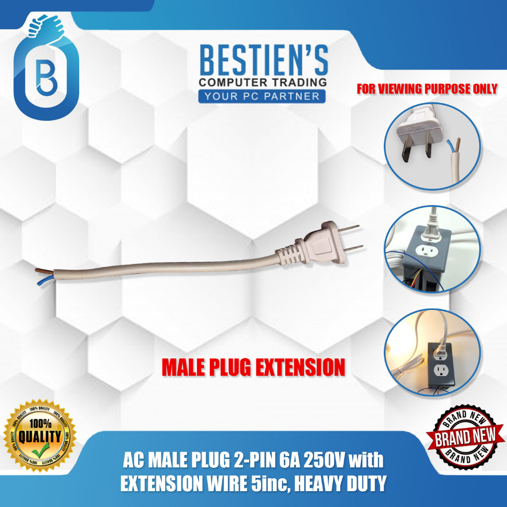 AC MALE PLUG 2-PIN 6A 250V with EXTENSION WIRE 5inc, HEAVY DUTY ...