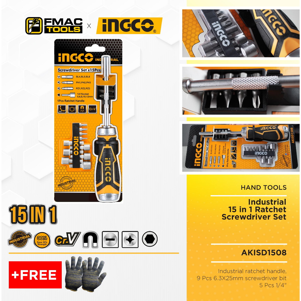 INGCO Industrial 15 in 1 Ratchet Screwdriver Set AKISD1508 + FREEBIES ...