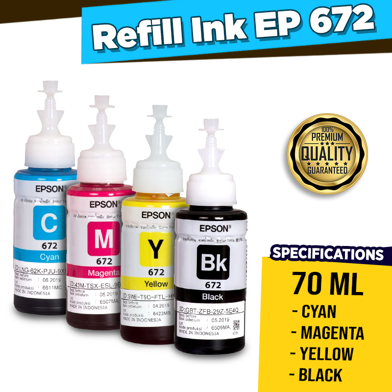 EPSON Original Ink #672 70ml for L313 / L130 / L301 / L360 / L565 / L363 / L310 / 383 (4color ...