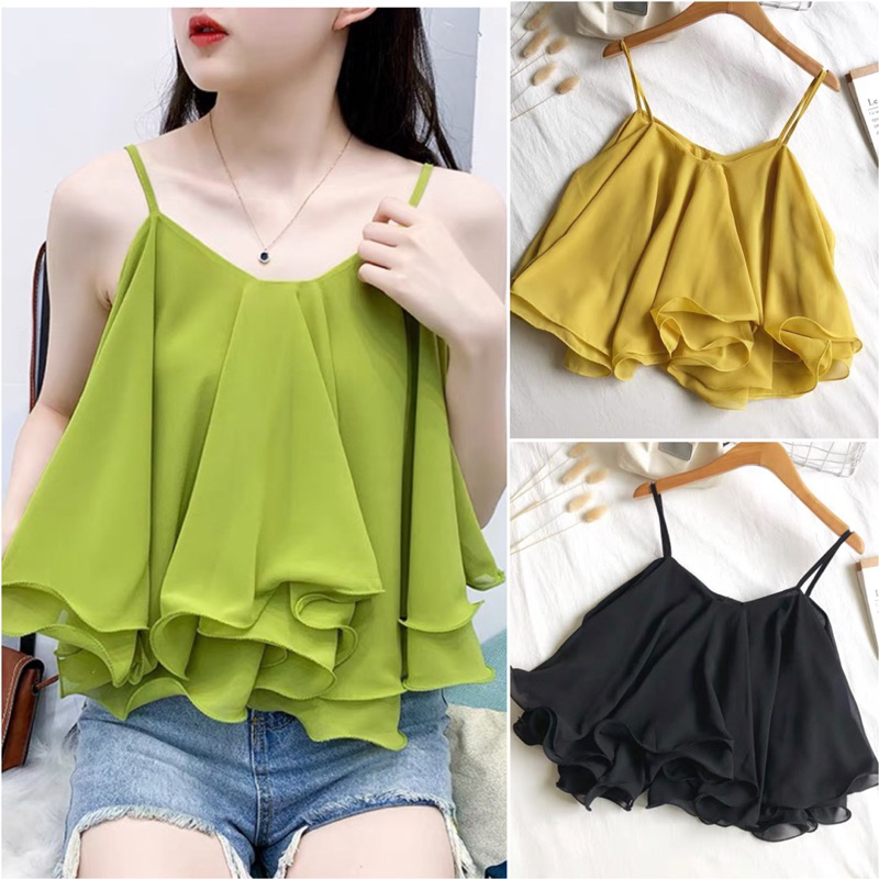 #23044 Summer Plain Chiffon Ruffled Double Layer Top 3colors | Shopee ...