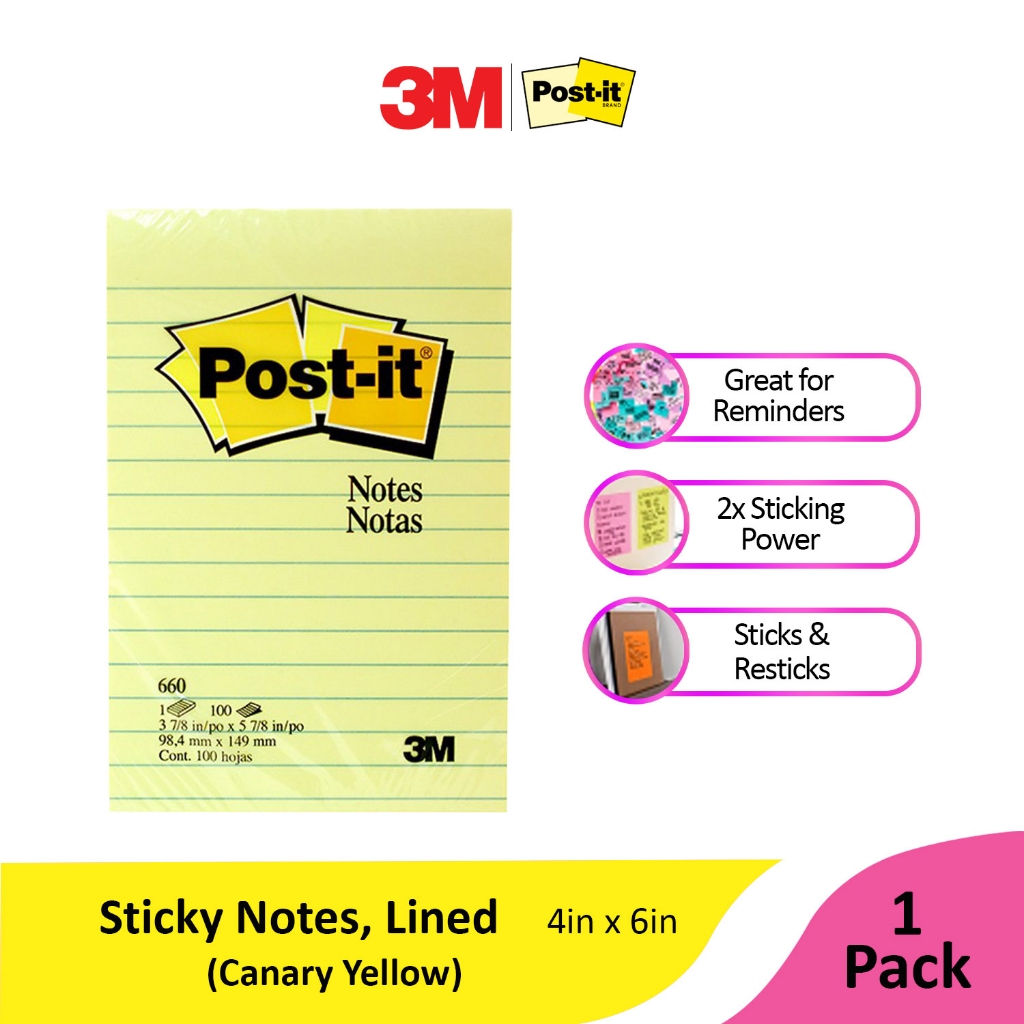 3M Post-it Notes, 4 in x 6 in 100 sheets 660 Lined Canary Yellow [MP660 ...