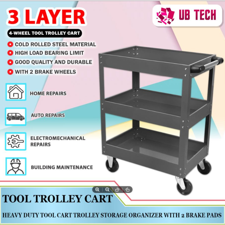 3 Layer 4-Wheel Heavy Duty Tool Cart Trolley Storage Organizer with 2 ...