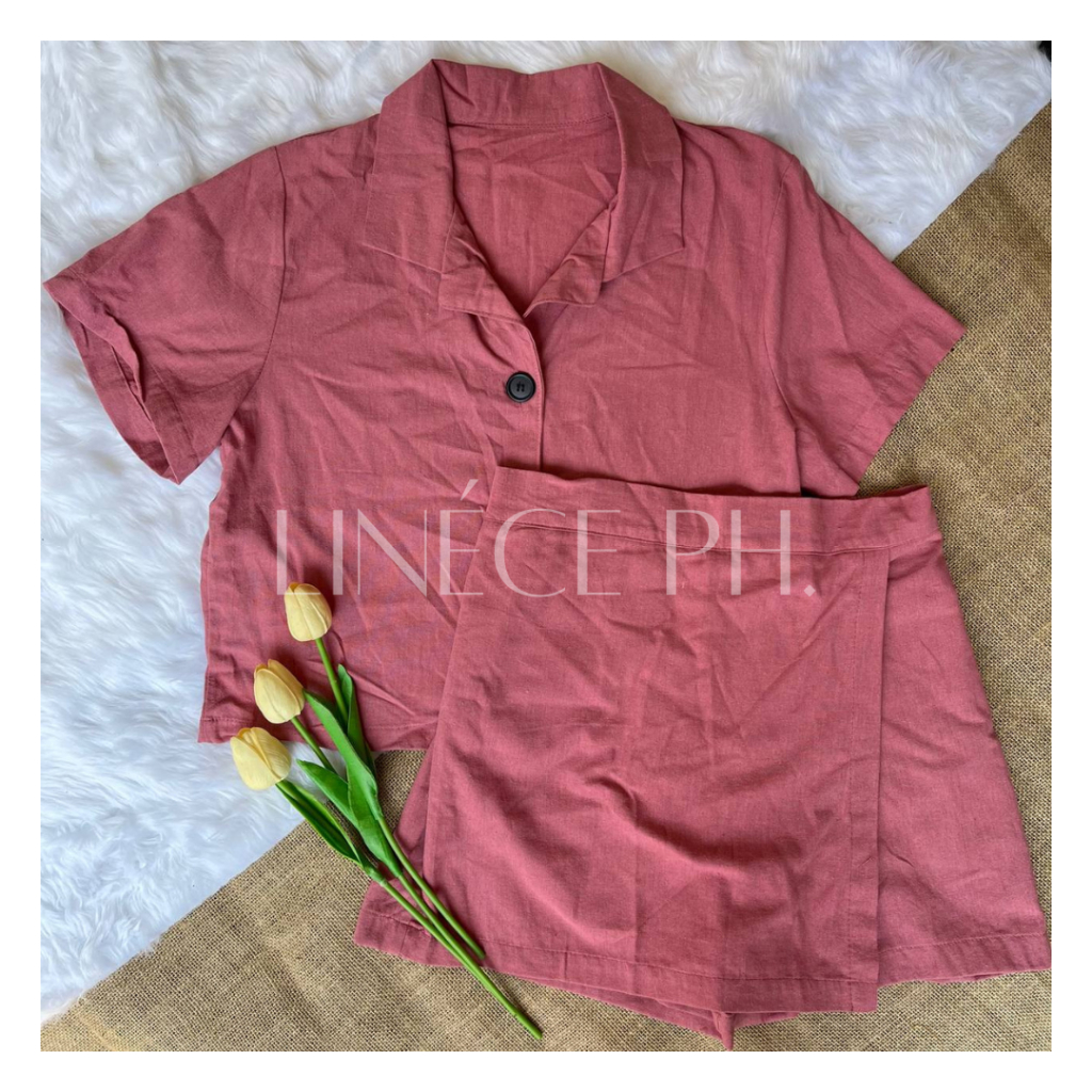 STELLA Coords - 2 IN 1 Polo & Palda Shorts/Skort Terno Buttons Cotton Linen Fabric | Shopee ...