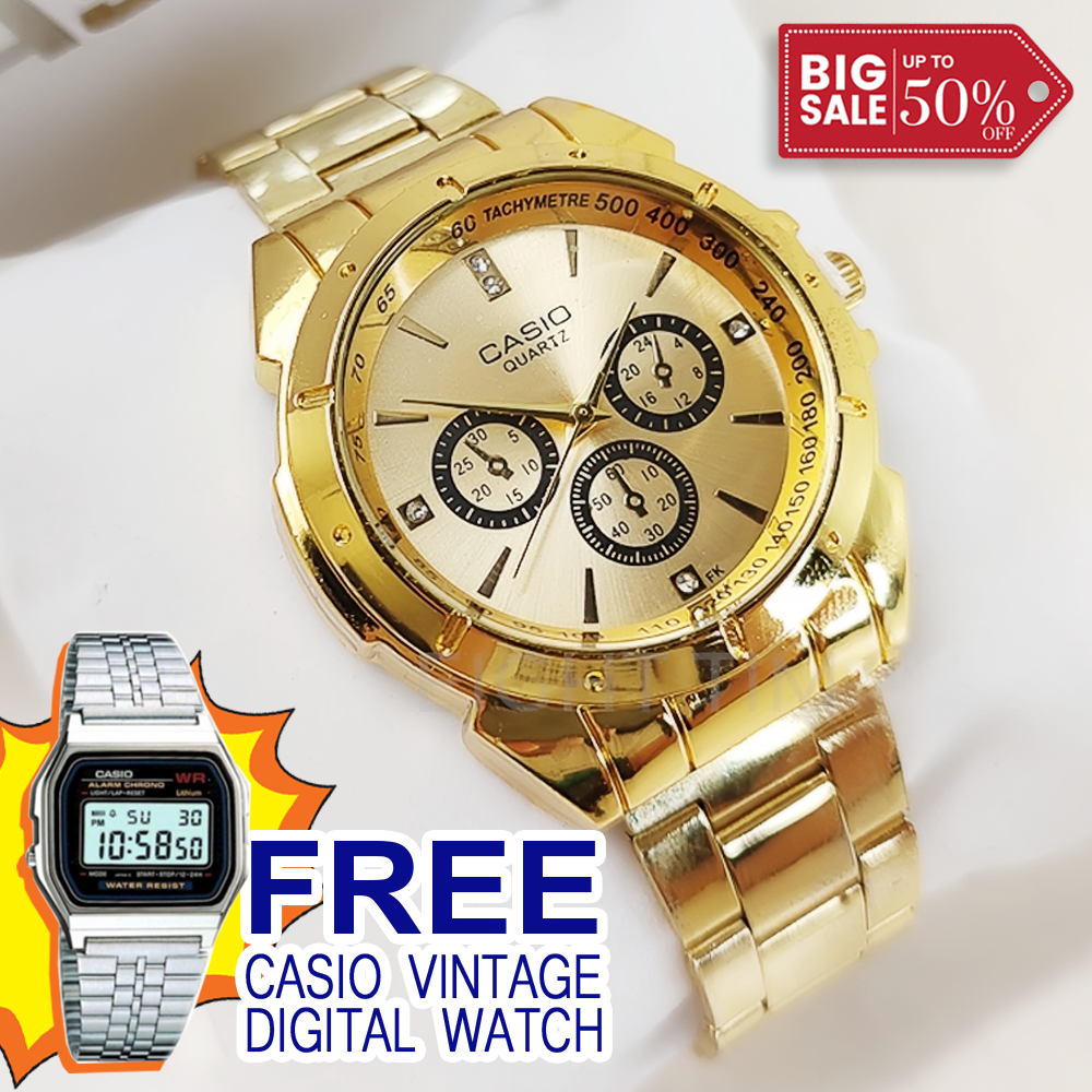 Casio Quartz Chronograph All Gold Stainless Steel Watch for Men (FREE ...