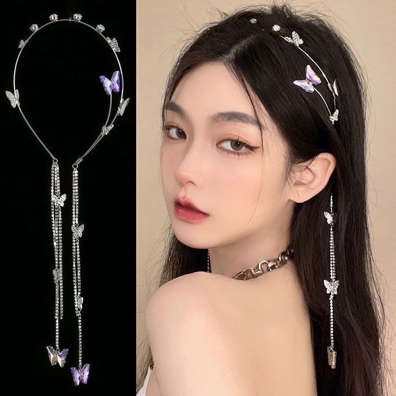 Korean Women Pearl Diamond Hair Band Butterfly Tassel Hairbands Fairy ...