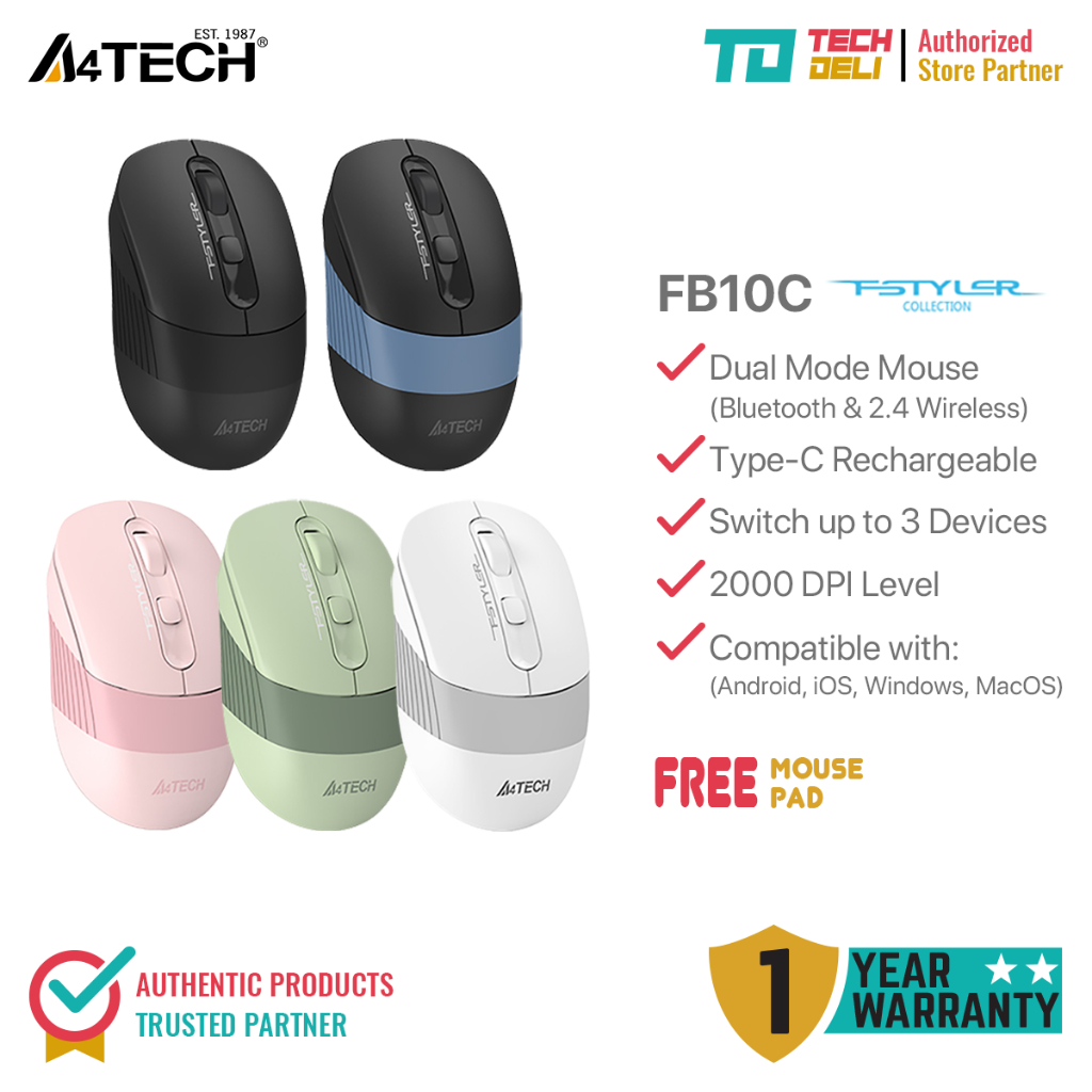 A4Tech FStyler FB10C Dual Mode Wireless Mouse | Bluetooth Mode | 2.4GHz Wireless Mode ...