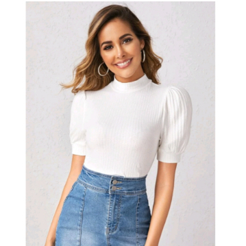 Women's Trending Korean Turtle Puff Sleeve Rib-Knit Full length Elegant ...