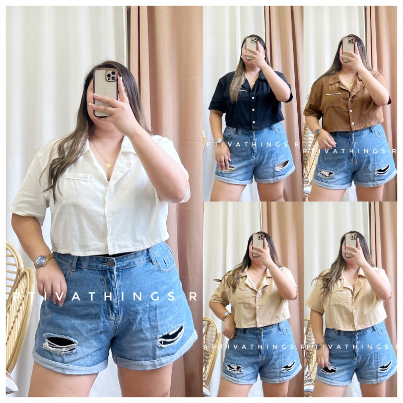PLUS SIZE 2XL-4XL Della Cotton Linen Crop Polo Top with Pocket | Shopee Philippines