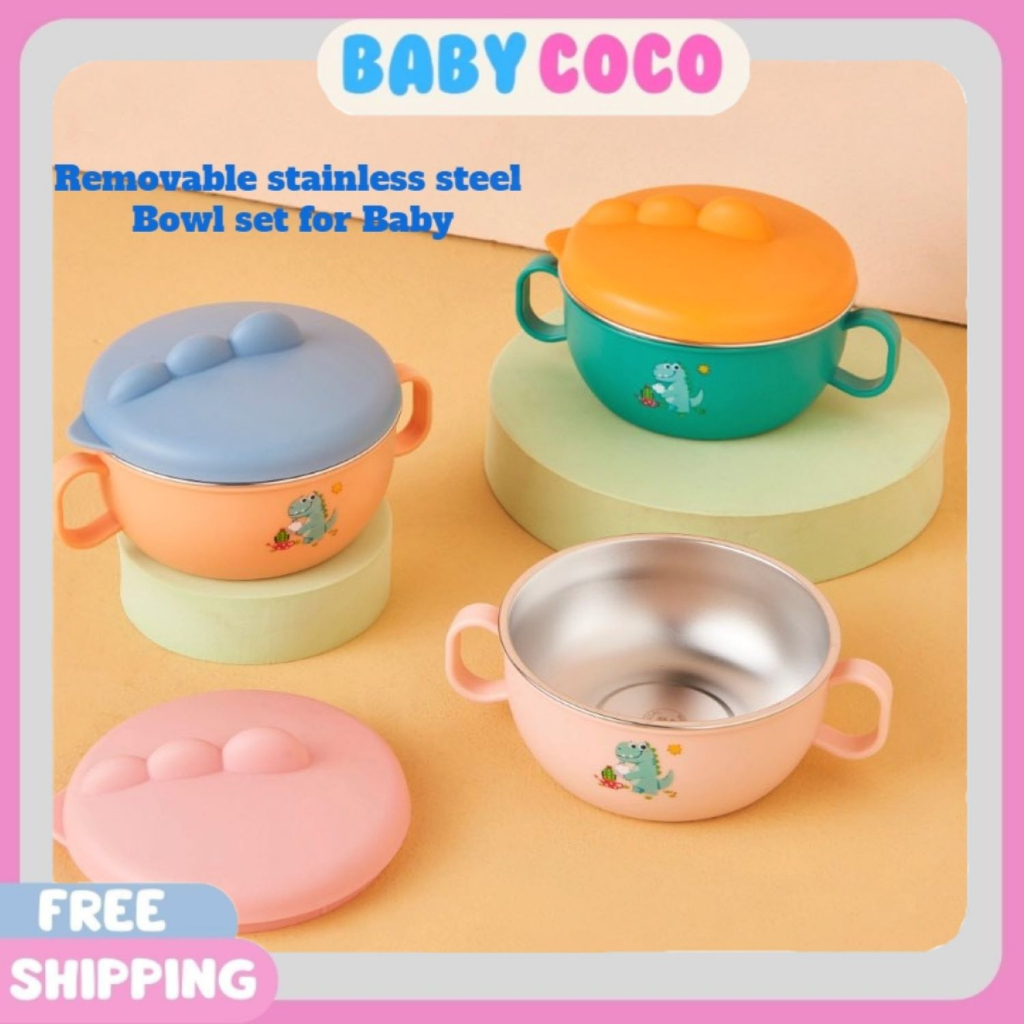 Baby coco Removable Stainless Steel Bowl Set Cute dinosaur Feeding Bowl ...
