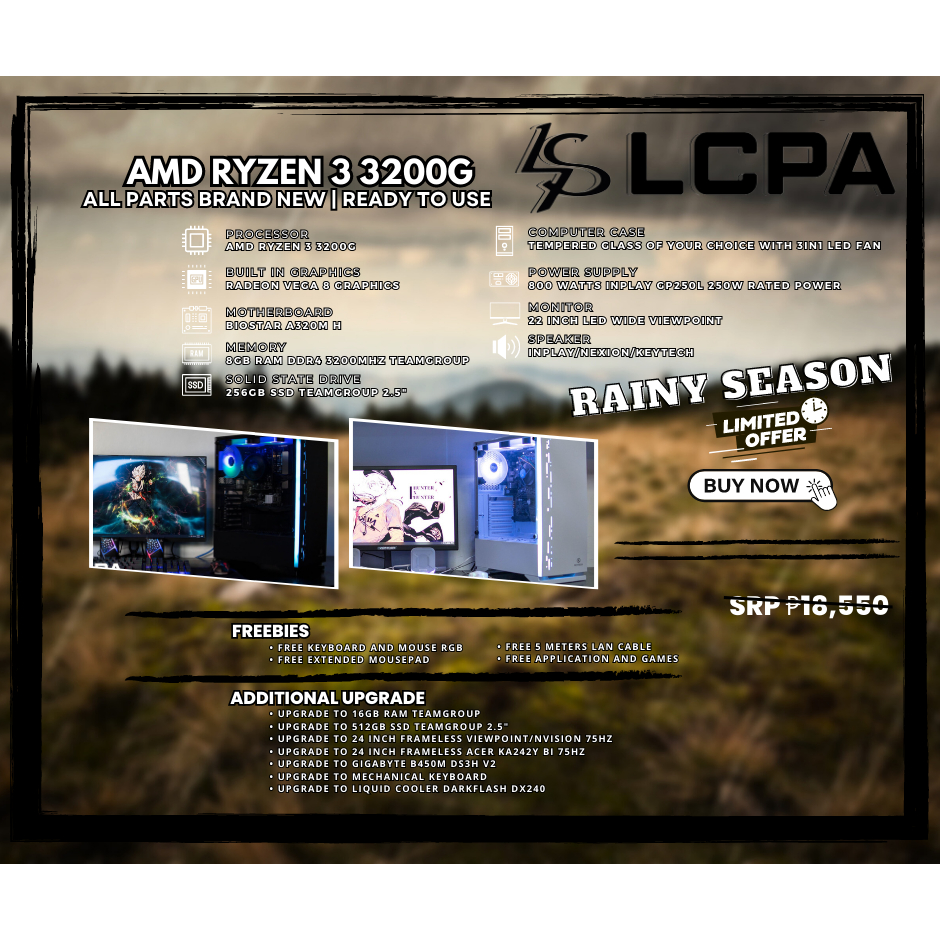 AMD RYZEN 3 3200G - MID TOWER COMPUTER SET (8GB RAM, 256GB SSD, 22 INCH ...