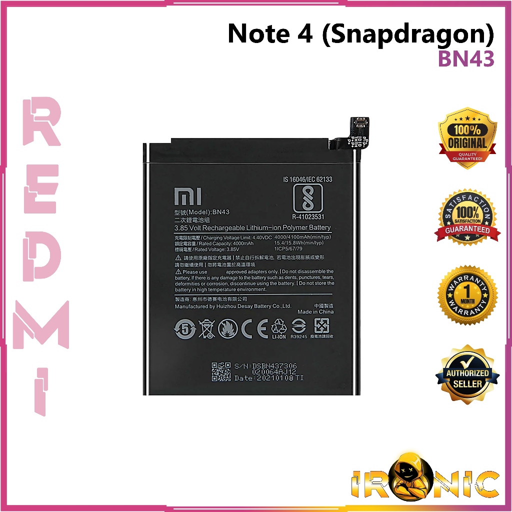 Redmi Note 4 (Snapdragon) Battery Model BN43 Original Equipment ...