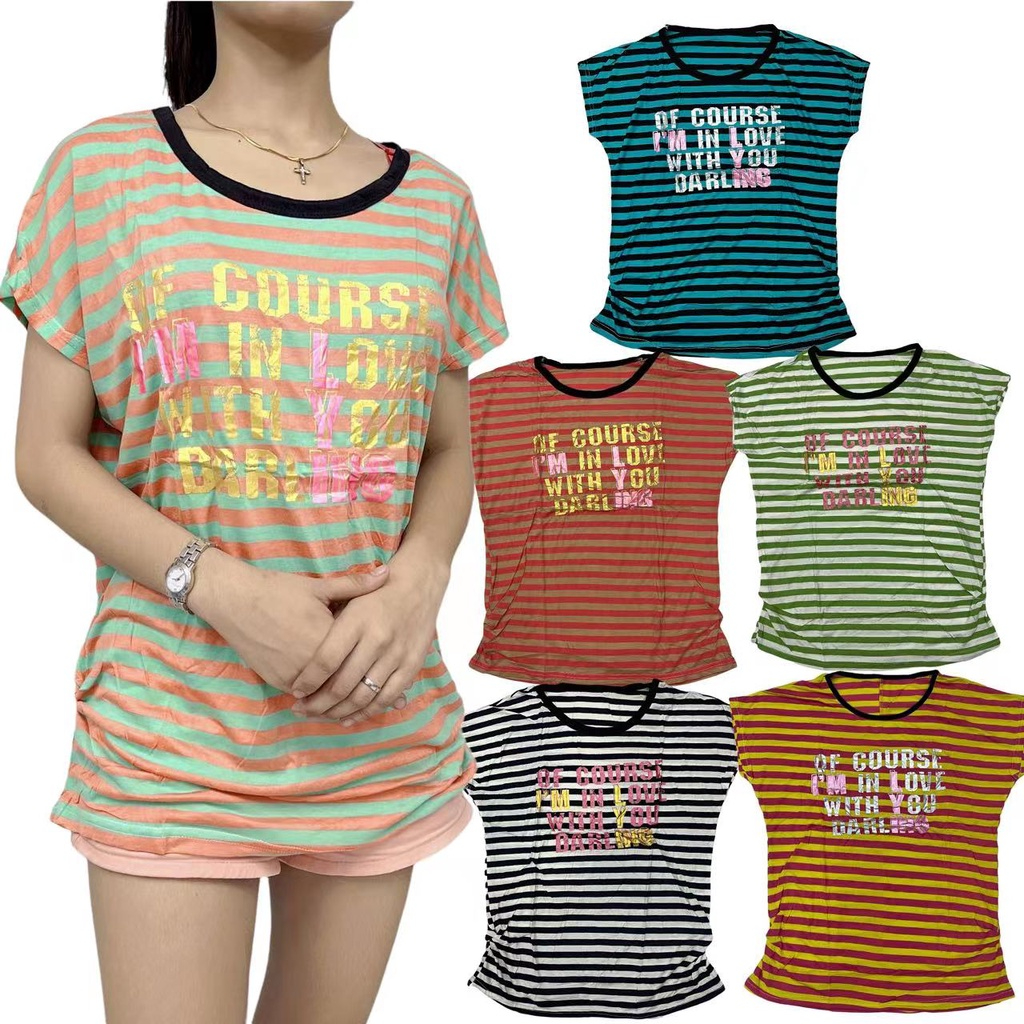 Women's Stripes Roundneck Short-sleeve T-shirt Tops JF289 | Shopee Philippines