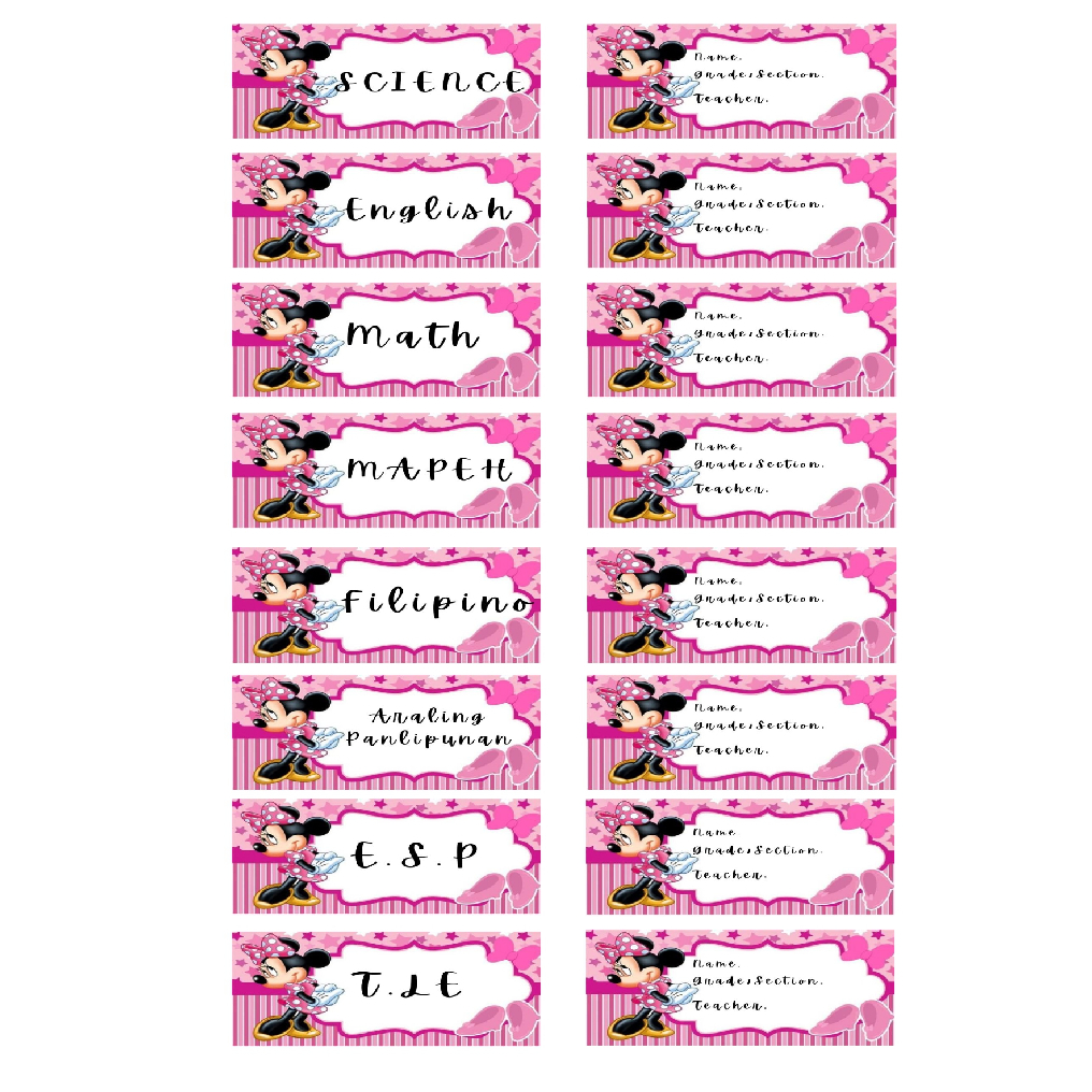 minnie mouse subject and name sticker set (8subje& 8 name label ...