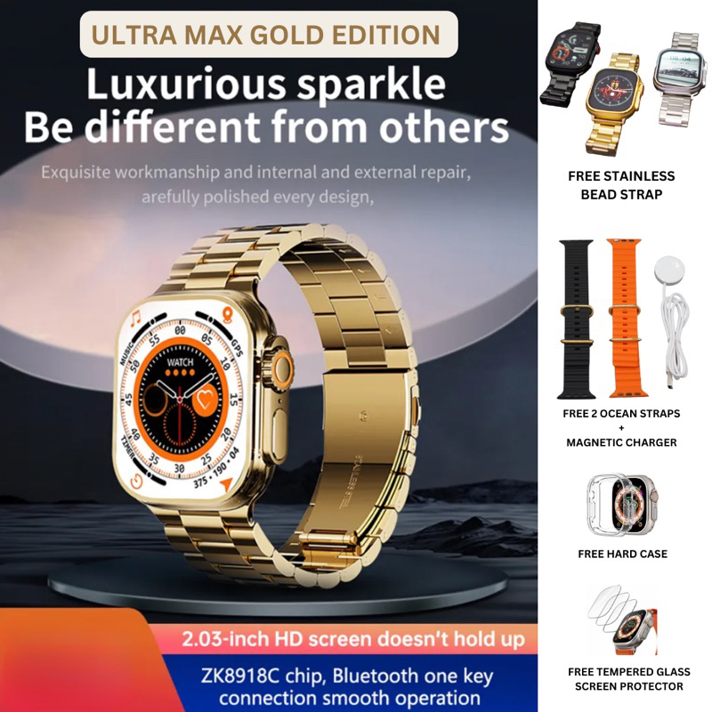 Gold Ultra Max 49mm 3 Straps Smart watch BT Call Android/iOS Compatible ...