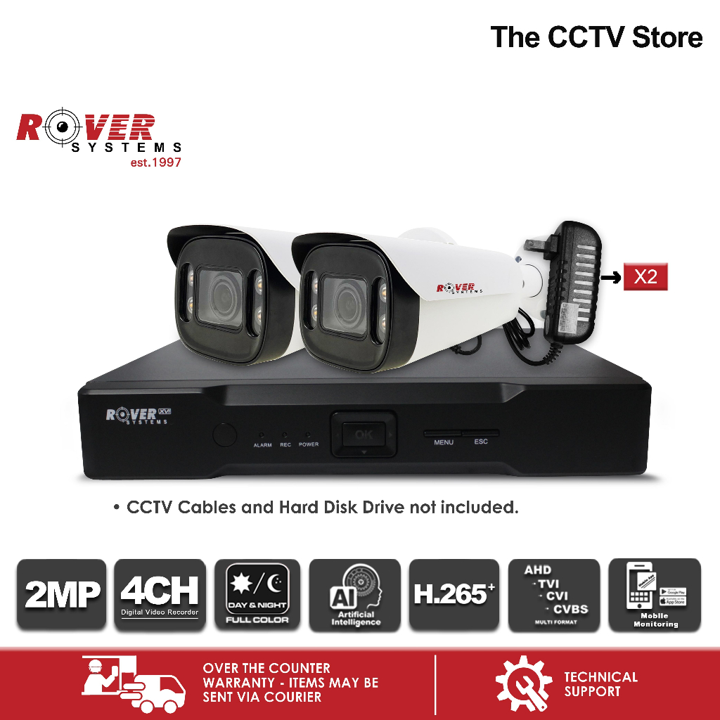 Rover Systems 4CH DVR + 2 units 2MP FULL COLOR CCTV Camera Varifocal Bullet Outdoor CCTV Package ...