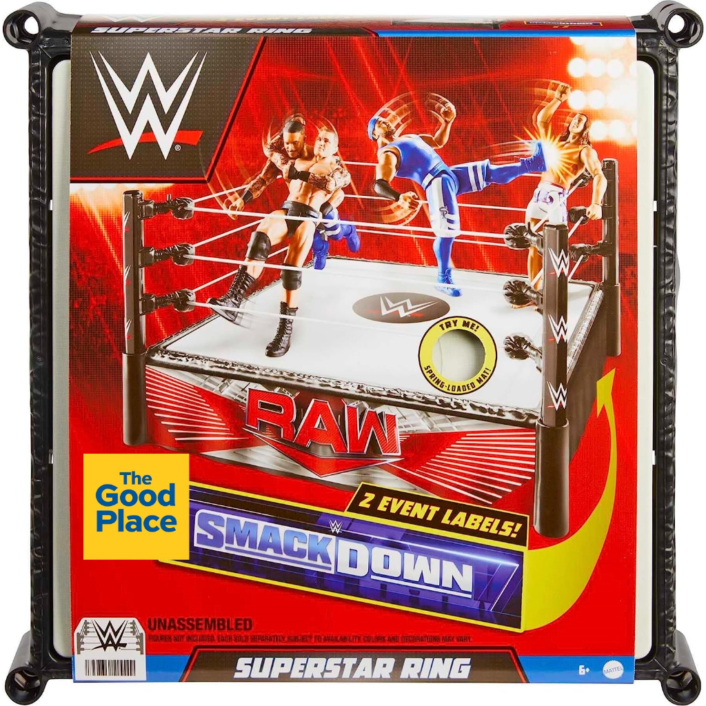 MATTEL WWE Wrestling Ring Spring Loaded Mat with Apron Stickers and Pro ...