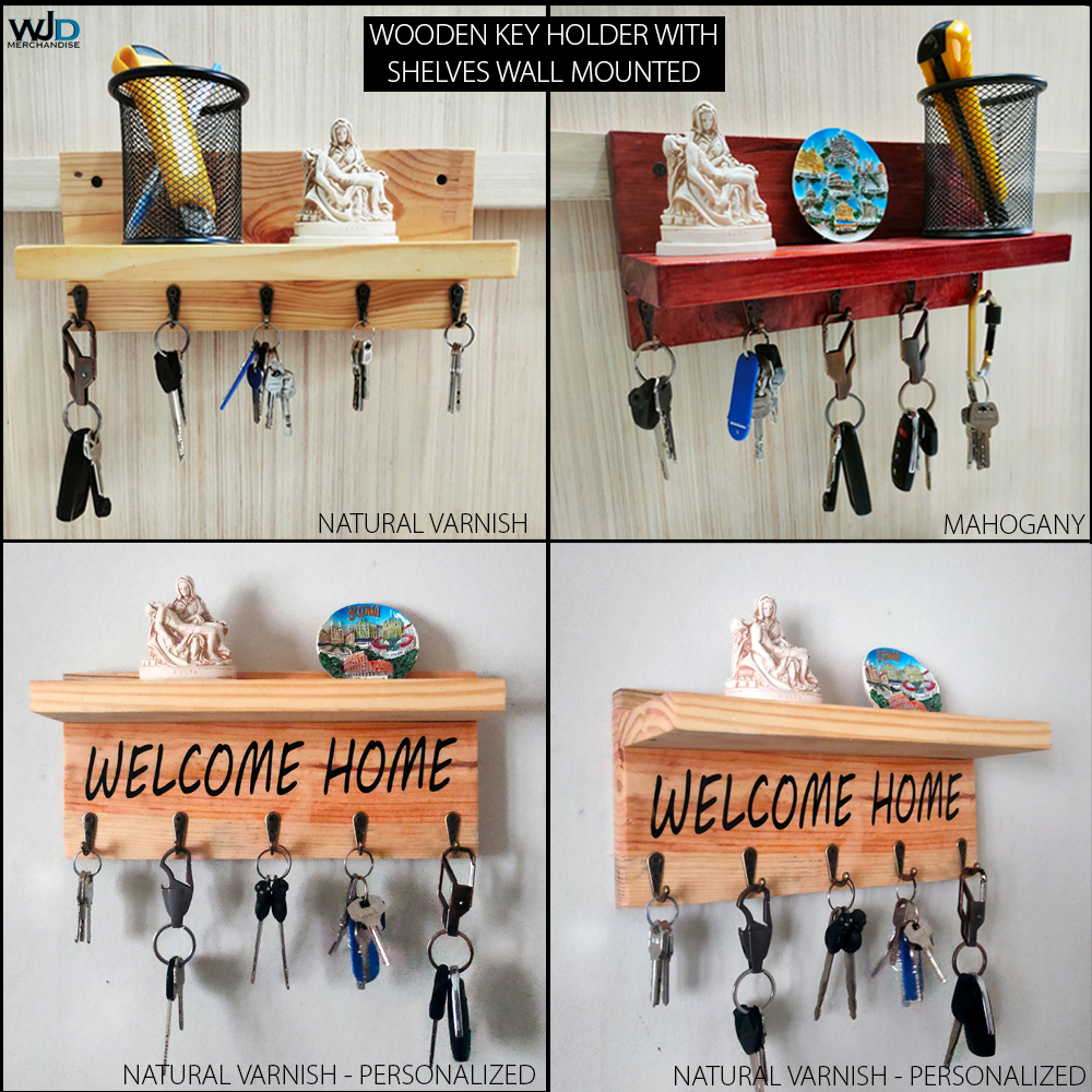 Key Holder Wooden Personalized Wall Mounted Hook 5 With Shelf Home ...