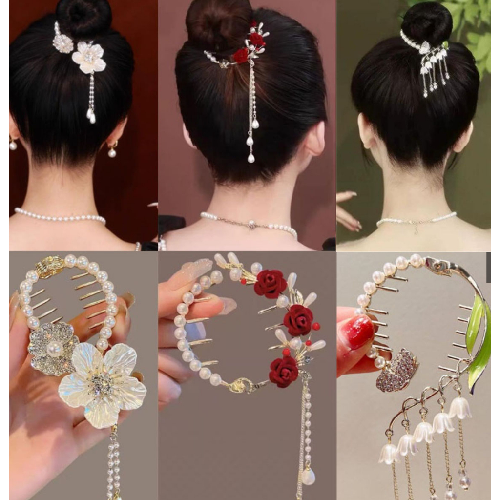 Pearl Butterfly Flower Tassel Hair Bun Buckle Hairpin Back Brain Spoon ...