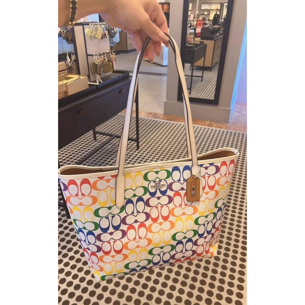 J2FS C.O.A.C.H C4181 City Tote Bag in Chalk with Rainbow Signature Coated Canvas and Smooth ...