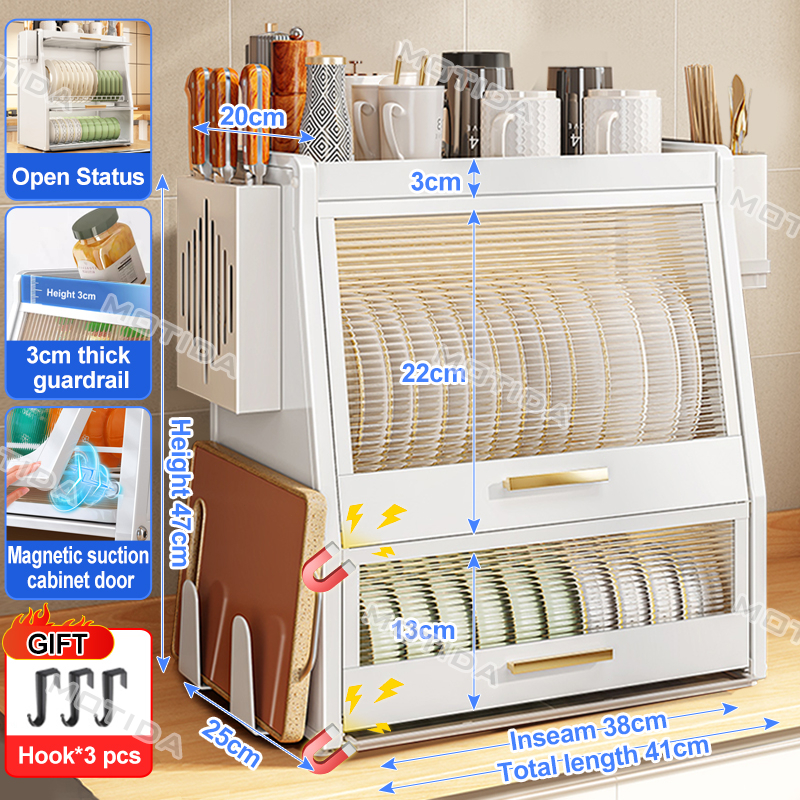 3 Tiers Organizer Kitchen Cabinet Dish Rack With Cover Drying Kitchen ...