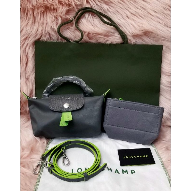 Authentic Longchamp Mini Le Pliage Gray/Lime Detachable Strap and ...