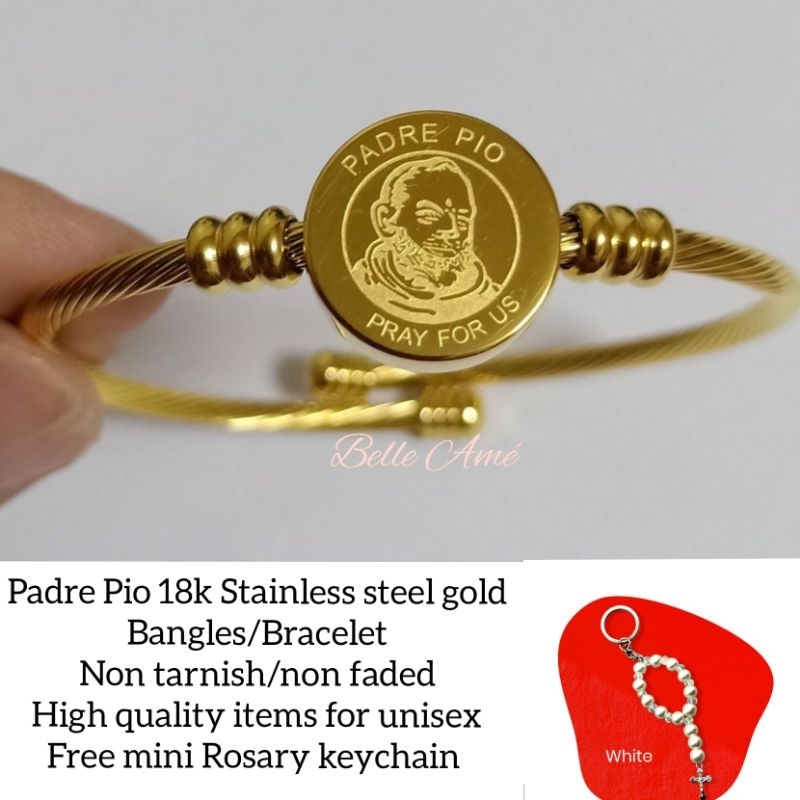 Padre PIO 18k Gold/Silver Stainless steel Bangles free Mini Rosary ...