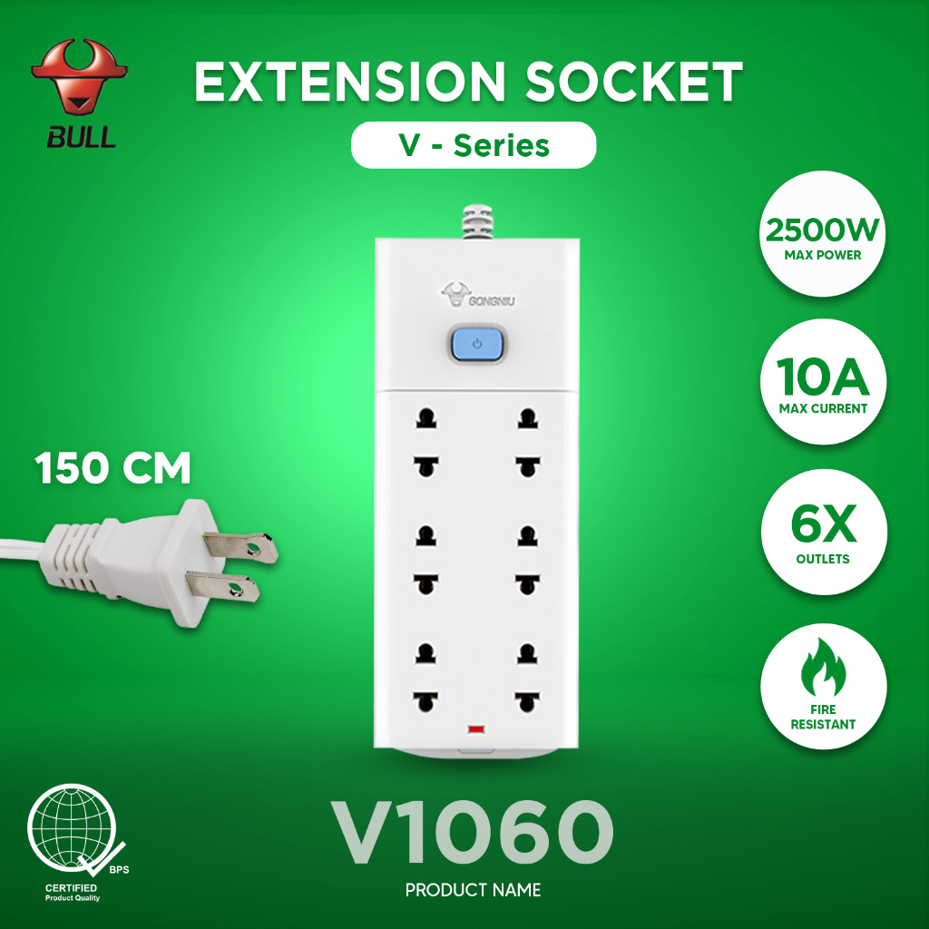 Bull Extension Socket V Series V1060 150cm & 350cm Cable 6 Outlets ...
