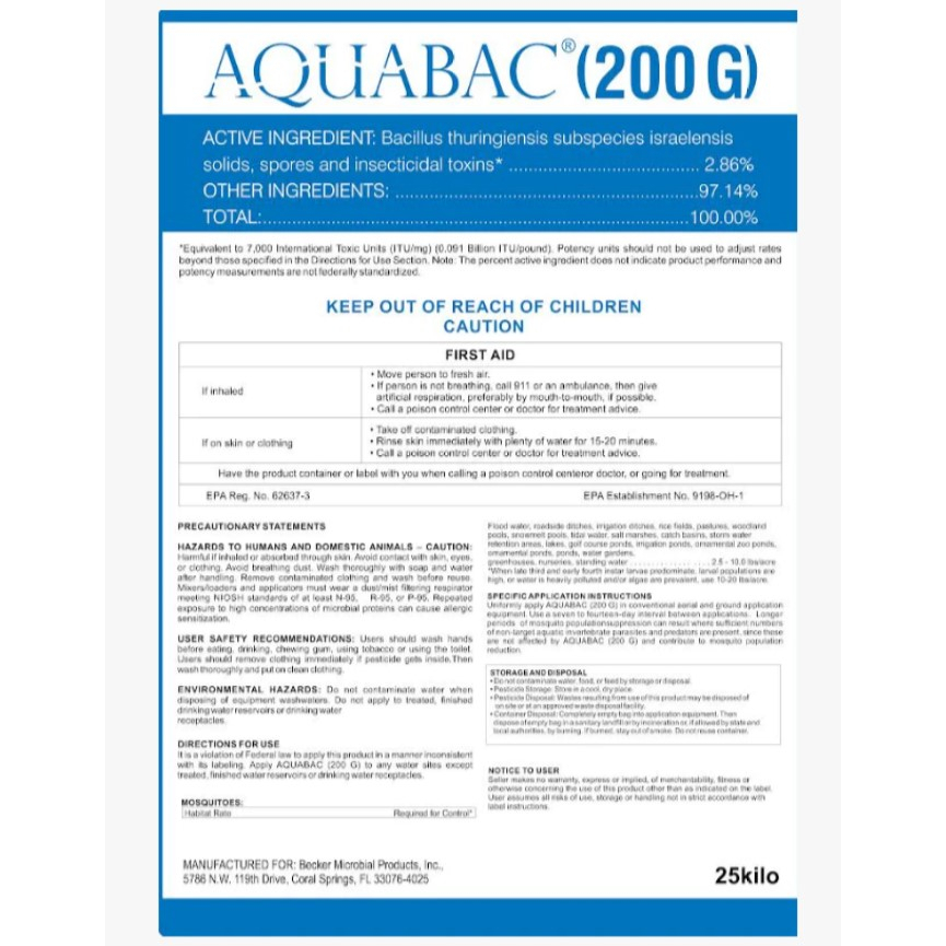 AQUABAC 200G GRANULAR BTI MOSQUITO CONTROL | FLY CONTROL ORGANIC PEST ...