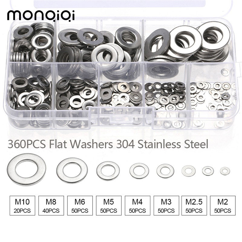Monqiqi 360PCS Flat Washers 304 Stainless Steel M3 M4 M5 M6 M8 M10 Flat Washer Plain Gasket ...