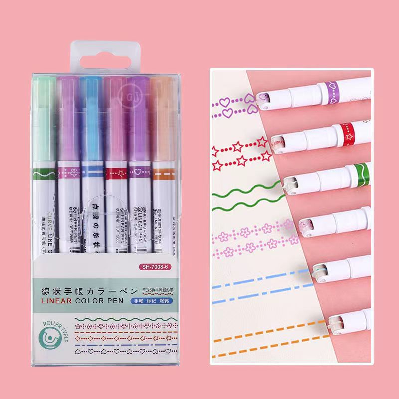 6 Colors Curve Multi-Shaped Outline Pen Fluorescent Pen Hand Account ...