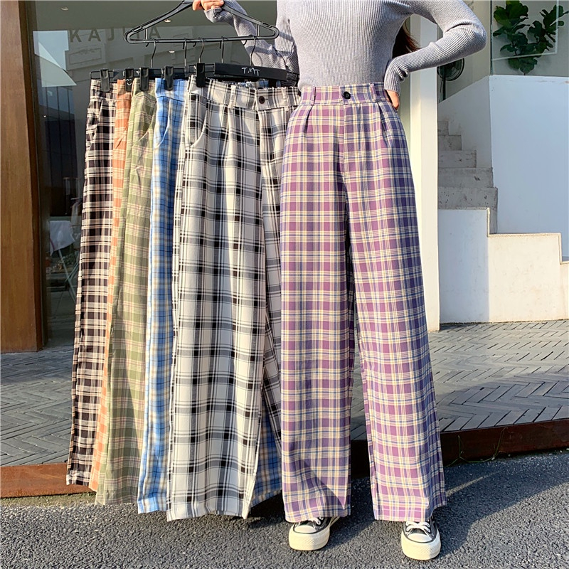 GDTIMA polyester plaid wide leg pants women's high waisted loose fit ...