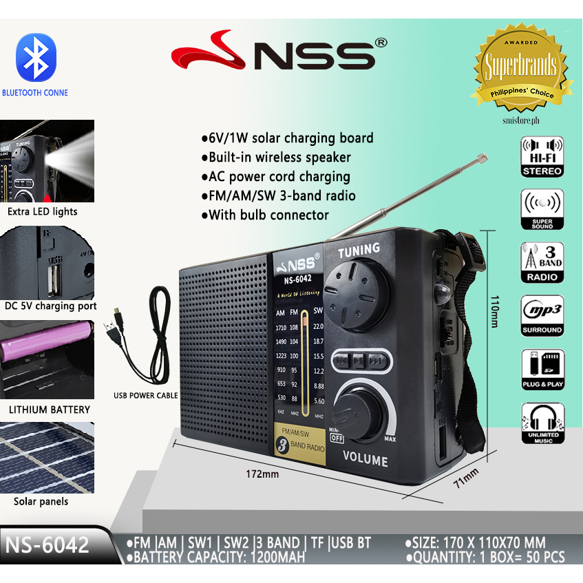 NSS Portable Bluetooth FM/AM/SW 3 BAND Solar Radio with USB/TF PLAYER ...