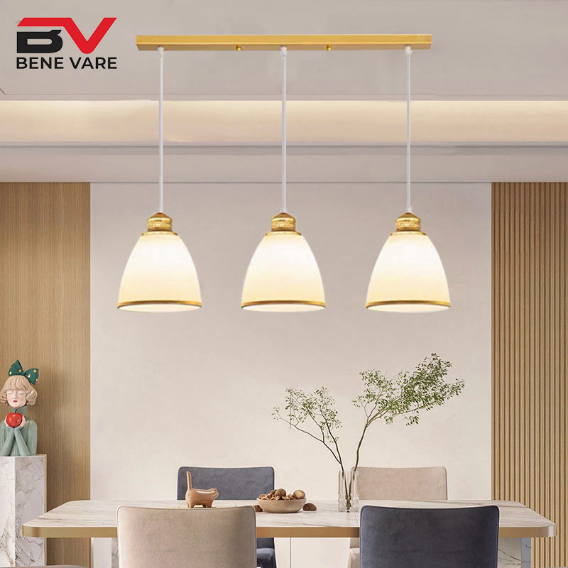 Drop Light 3 Head Retro Copper Pendant Light Suspension Lamp with Glass Shade for Dining Room ...