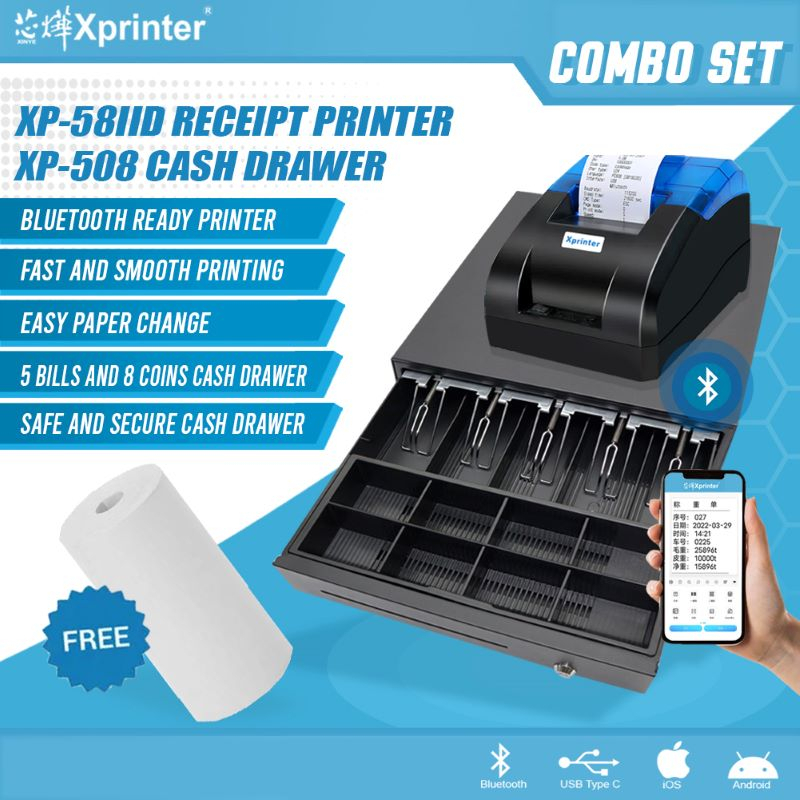 XP Combo Set Thermal Cash Receipt POS Mini Printer (BLUETOOTH+USB) 58mm + POS Electronic Cash ...