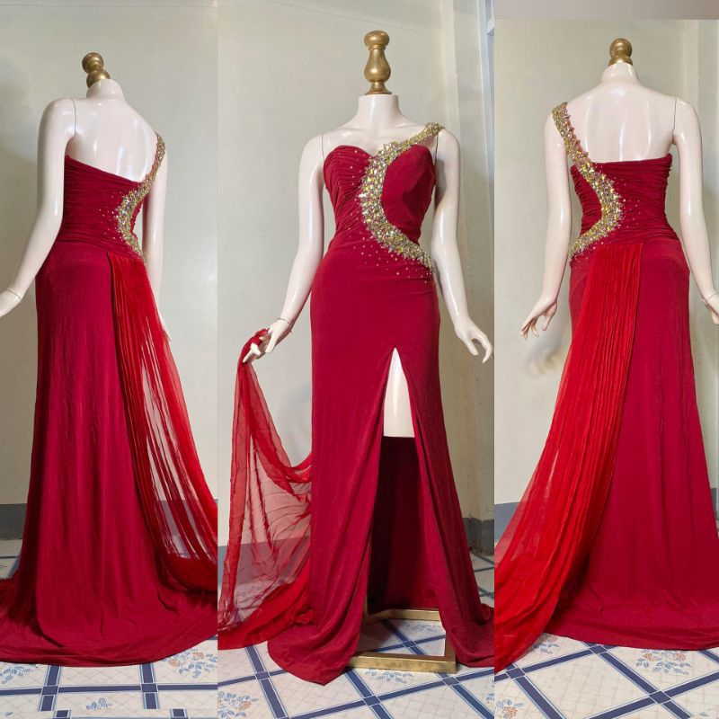 elegant red long gown with slit | Shopee Philippines