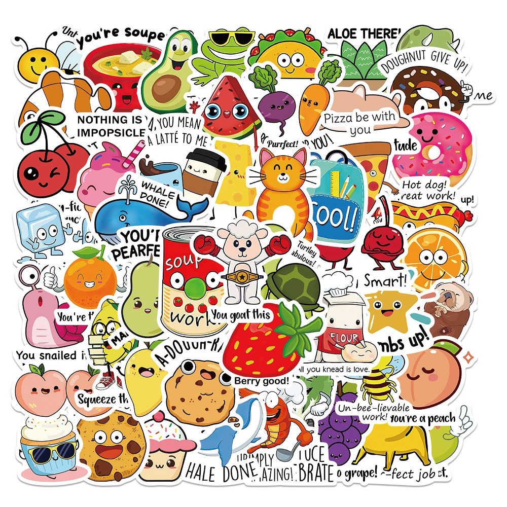 50PCS Cute Inspirational Text Cartoon Pattern Sticker DIY Waterproof ...