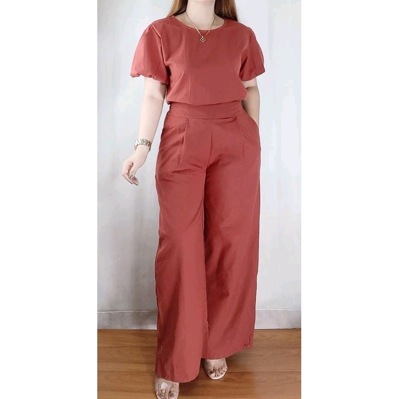 Elena Plain Cotton Linen Round Neck Blouse Top Terno Highwaist Pants ...