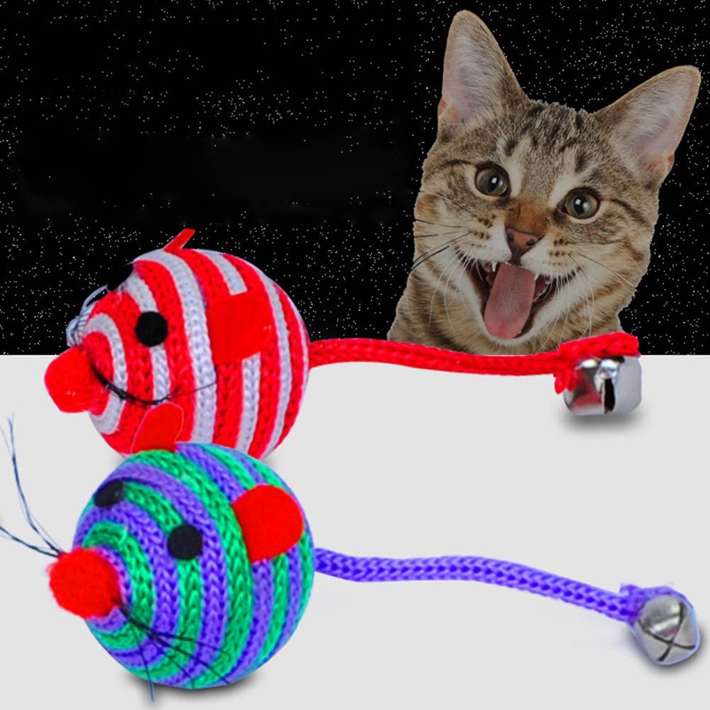 ch-Lovely Stripe Nylon Rope Round Ball Mouse Long Tail Bell Pet Cat ...