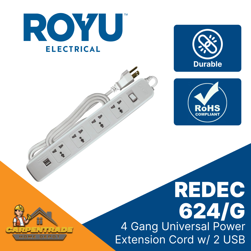 ROYU 4 Gang Universal Power Extension Cord w 2 USB REDEC624 | Shopee ...
