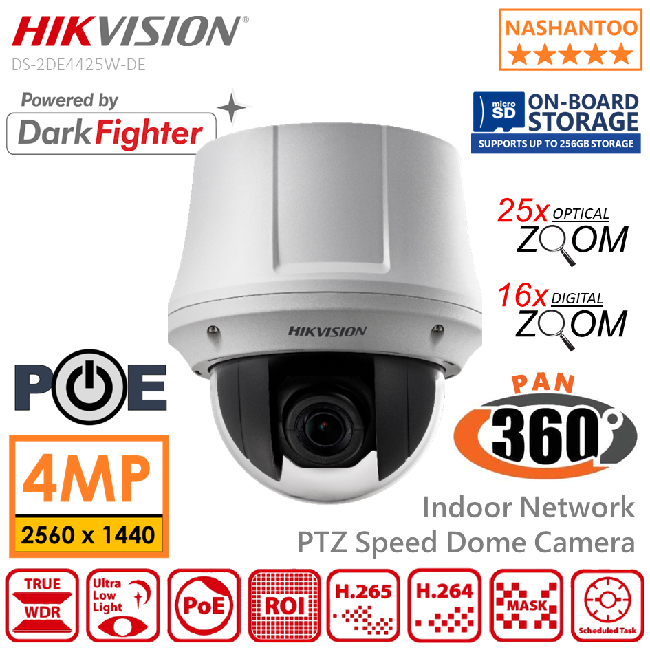 Hikvision DS-2DE4425W-DE3 4MP 25x Indoor PoE PTZ Network Camera, 360 degrees Pan, 25x Optical ...