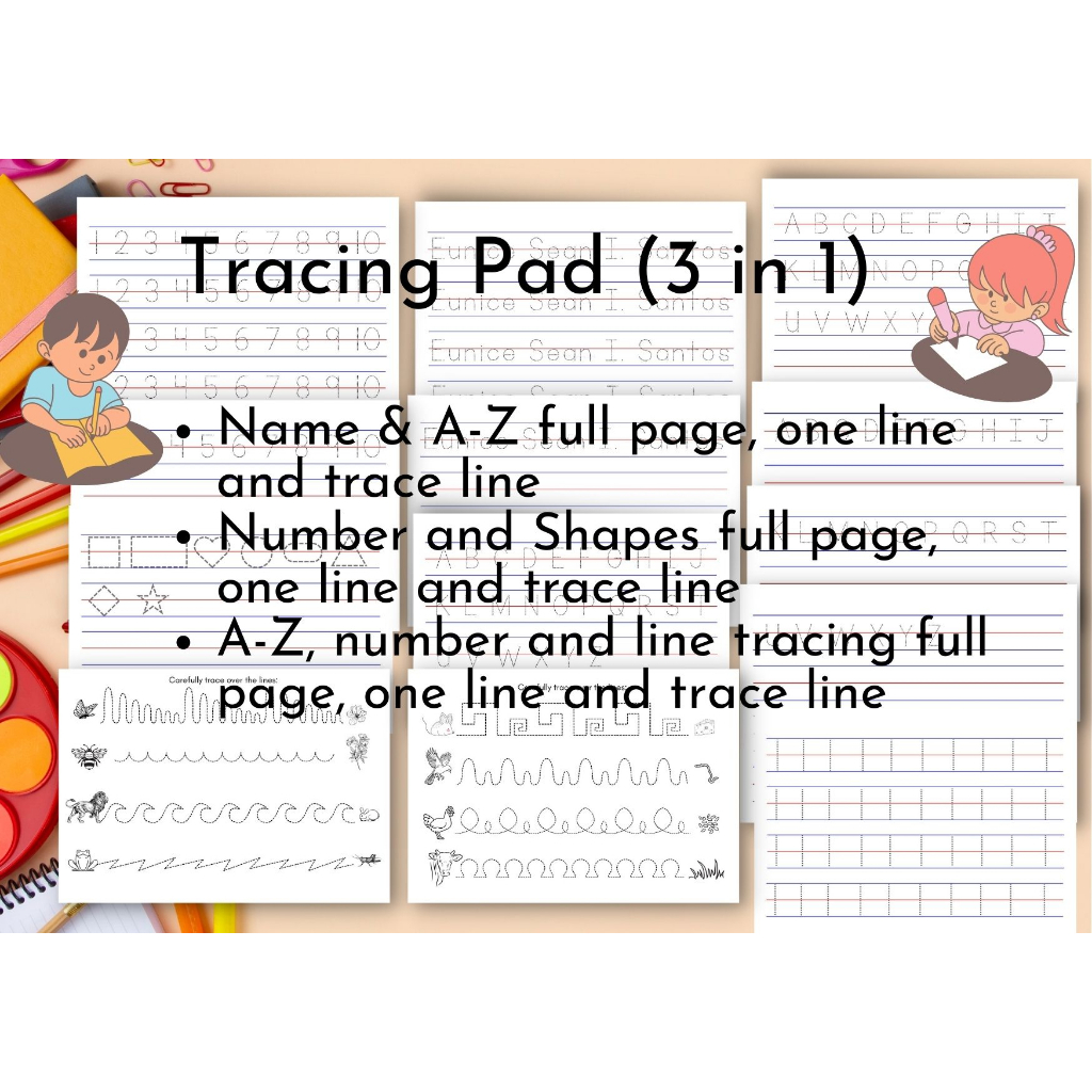 TRACING PAD 3 in 1 (NAMES,, ABC, Number, Shapes and Lines) FREE eraser ...