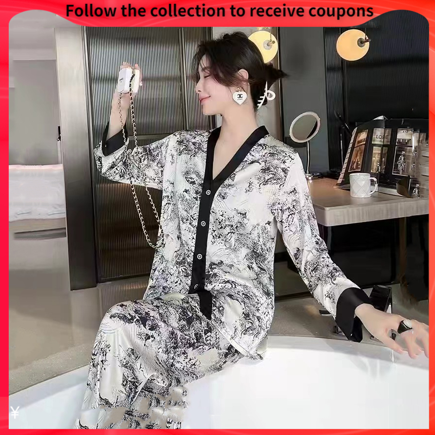 Spring Pajamas Women's Ice Silk Long Sleeve Suit Court Style Large Home ...